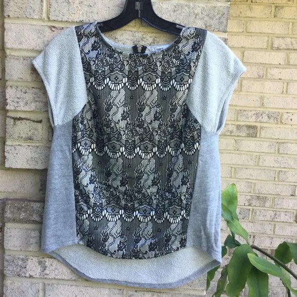 Bar III | Tops | Bar Iii Black Lace Front Gray Top | Poshmark